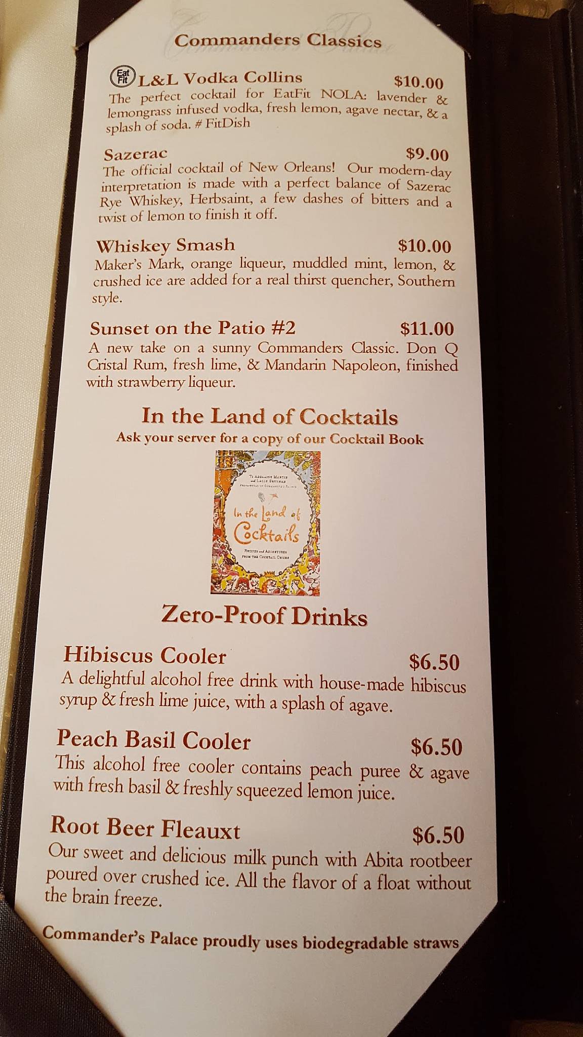 Menu at Commander's Palace pub & bar, New Orleans