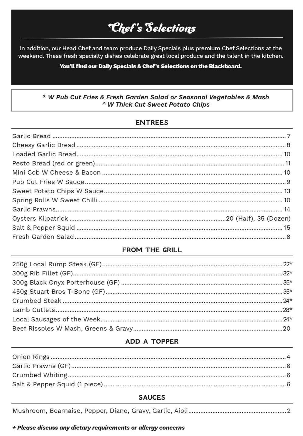 Menu at Commercial Hotel pub & bar, Kyogle