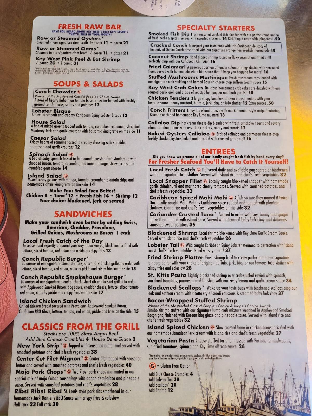 Menu at Conch Republic Seafood Company, Key West
