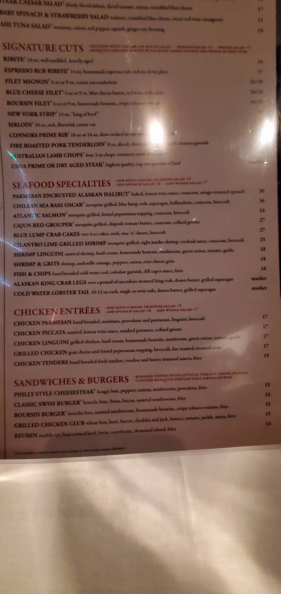 Menu at Connors Steak & Seafood steakhouse, Sarasota