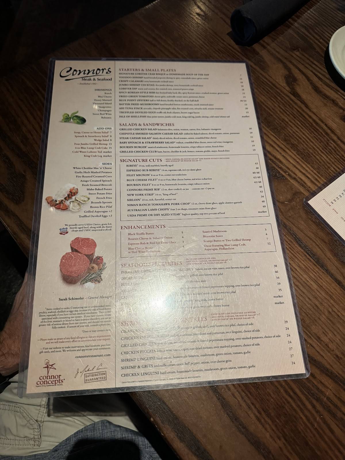 Menu at Connors Steak & Seafood steakhouse, Sarasota