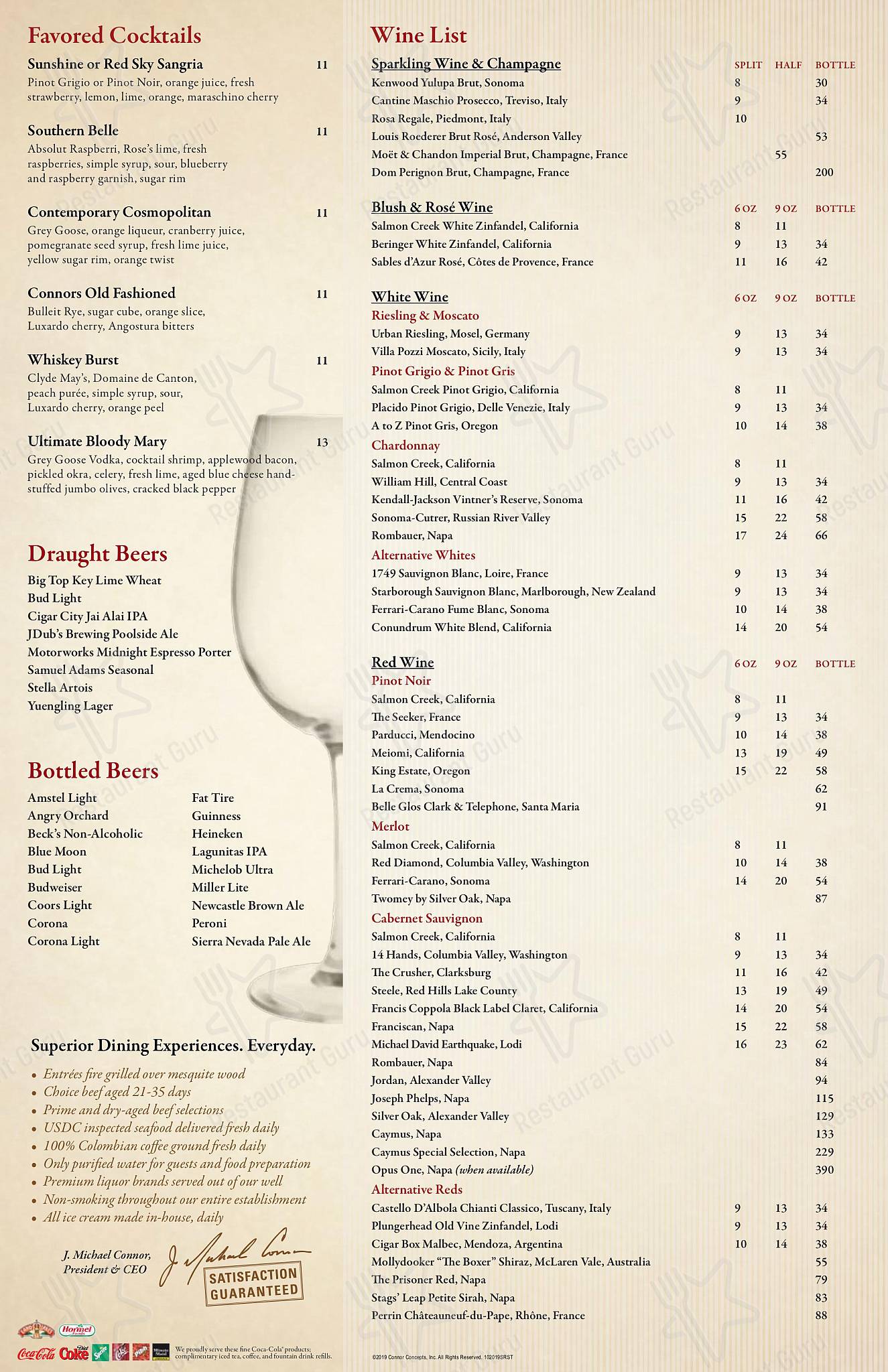 Menu at Connors Steak & Seafood steakhouse, Sarasota