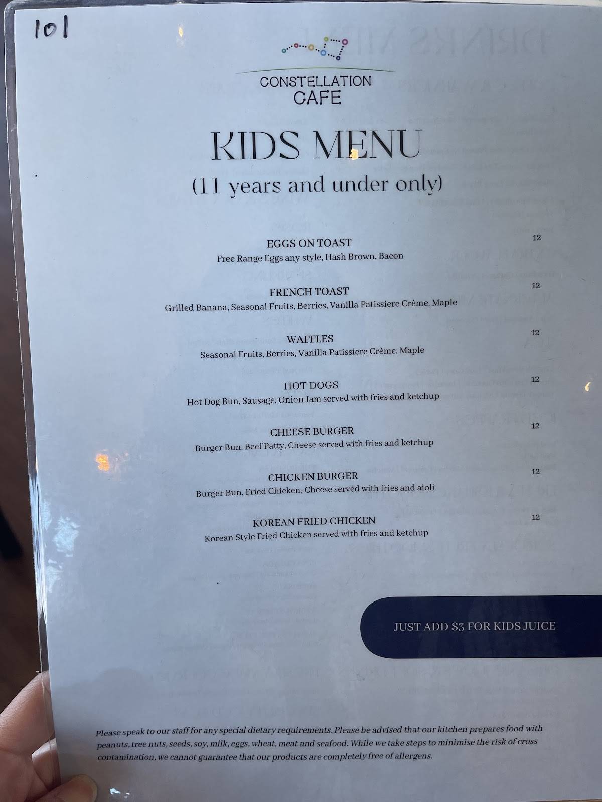Menu at Constellation Cafe, Auckland