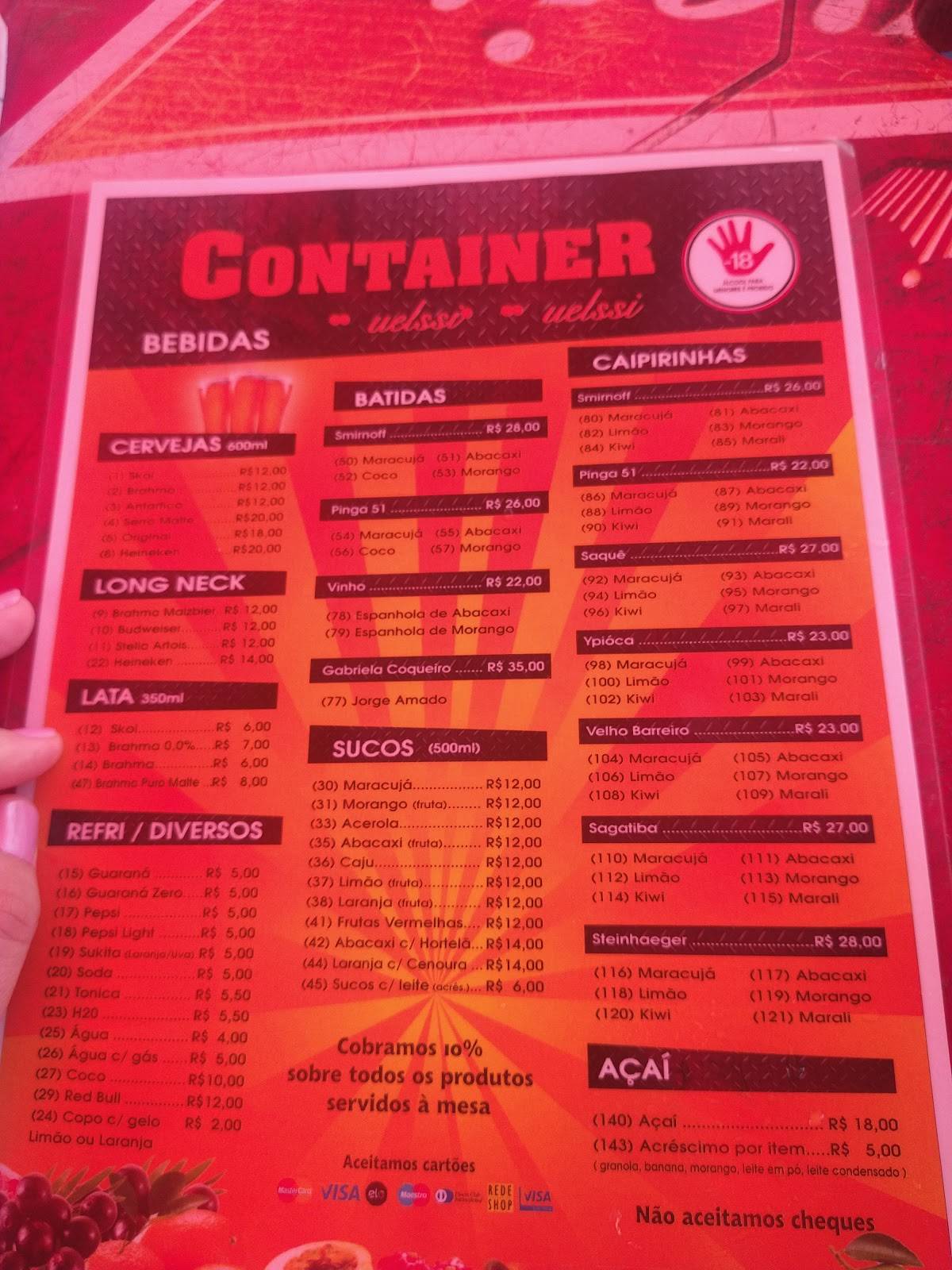 Menu at Container pub & bar, Ubatuba