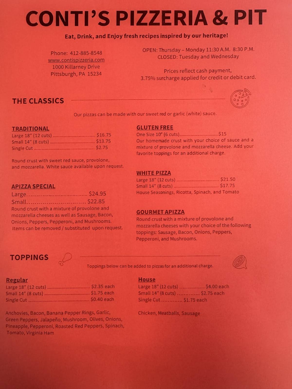 Carta de Conti’s Pizzeria & Pit, Pittsburgh