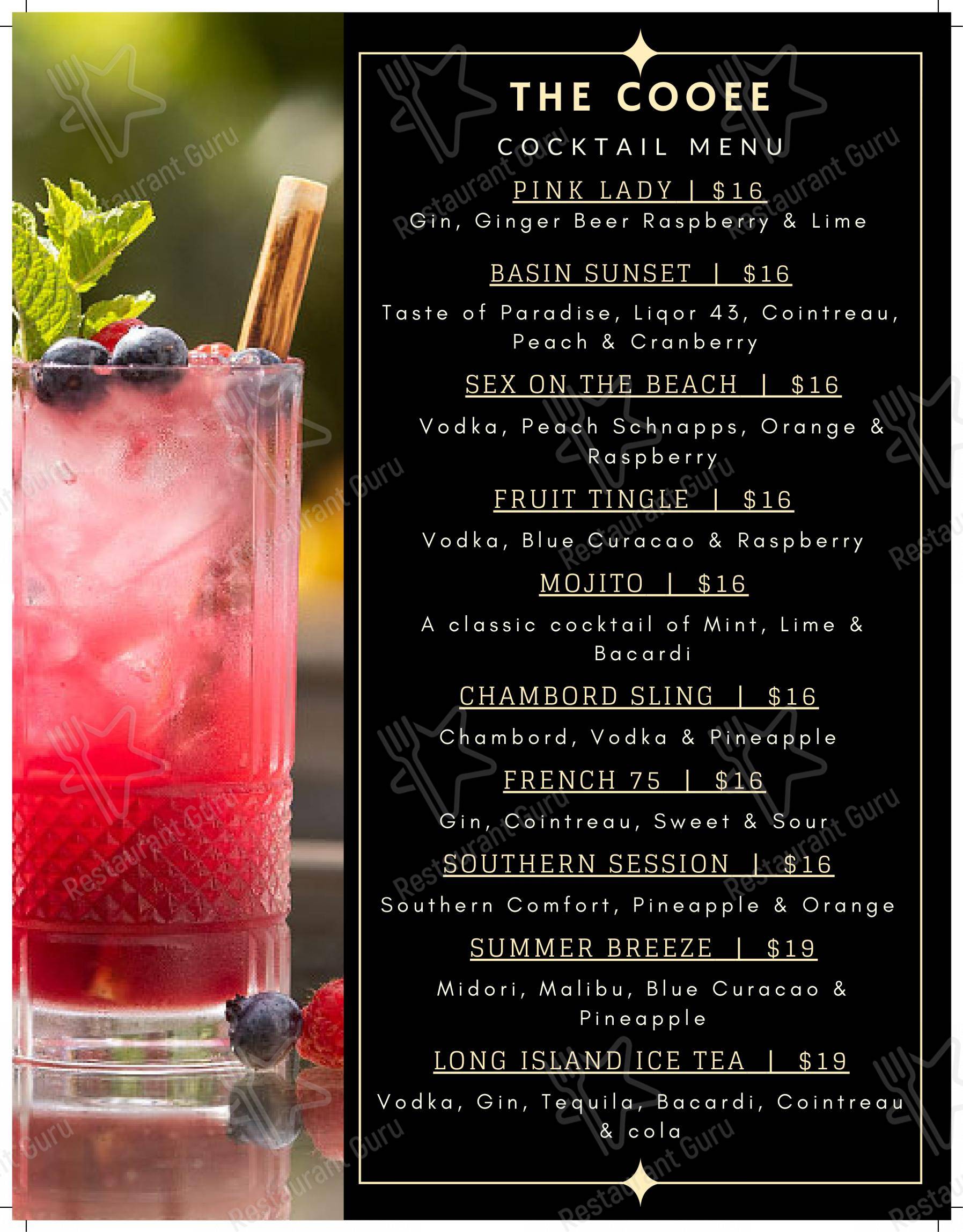 Menu at Cooee Hotel restaurant, Saint Georges Basin