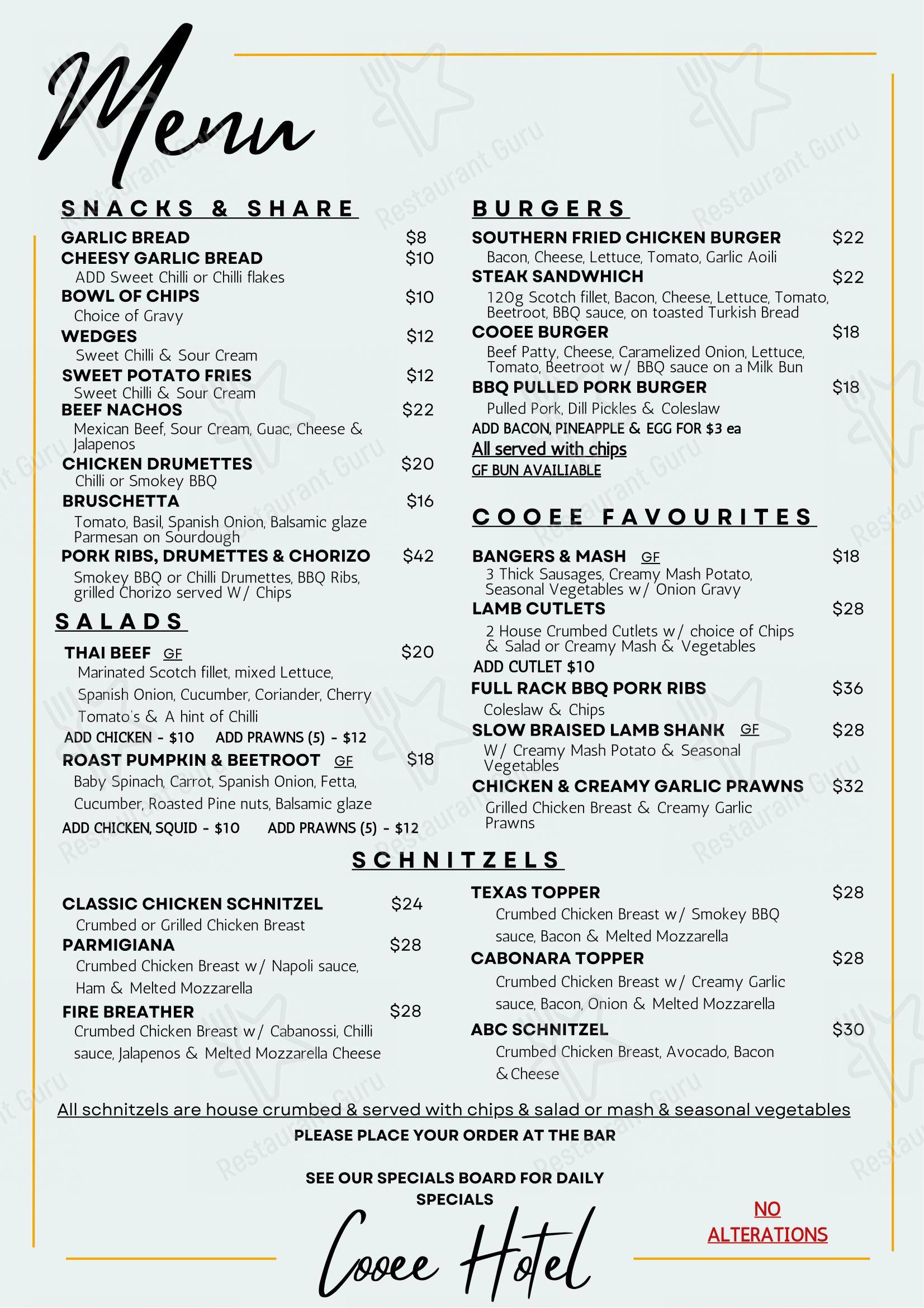 Menu at Cooee Hotel restaurant, Saint Georges Basin