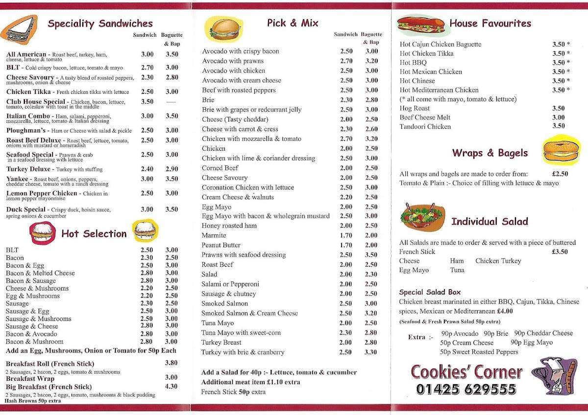 Menu at Cookies Corner restaurant, New Milton