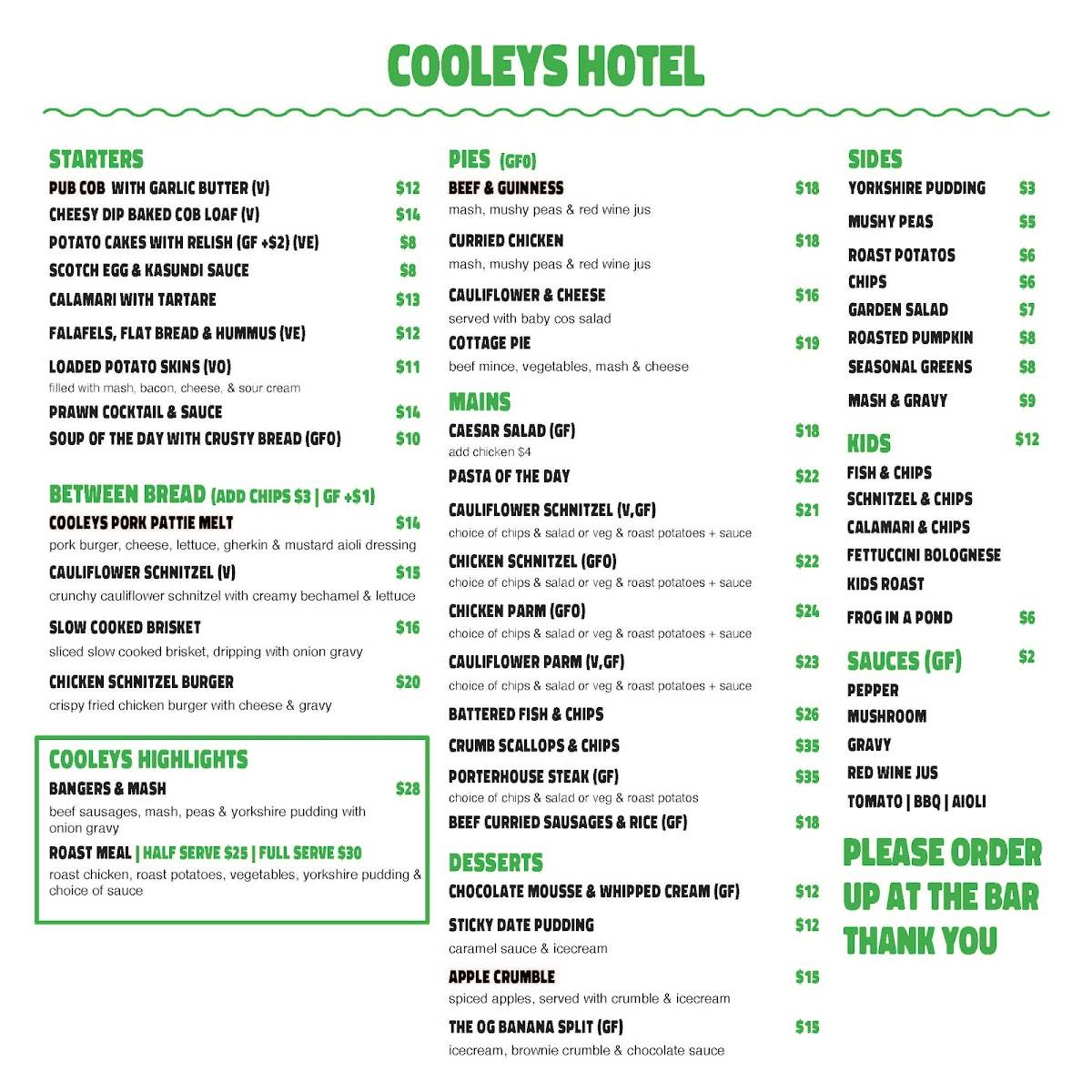 Menu at Cooleys Hotel - Bar & Dining, Moonah