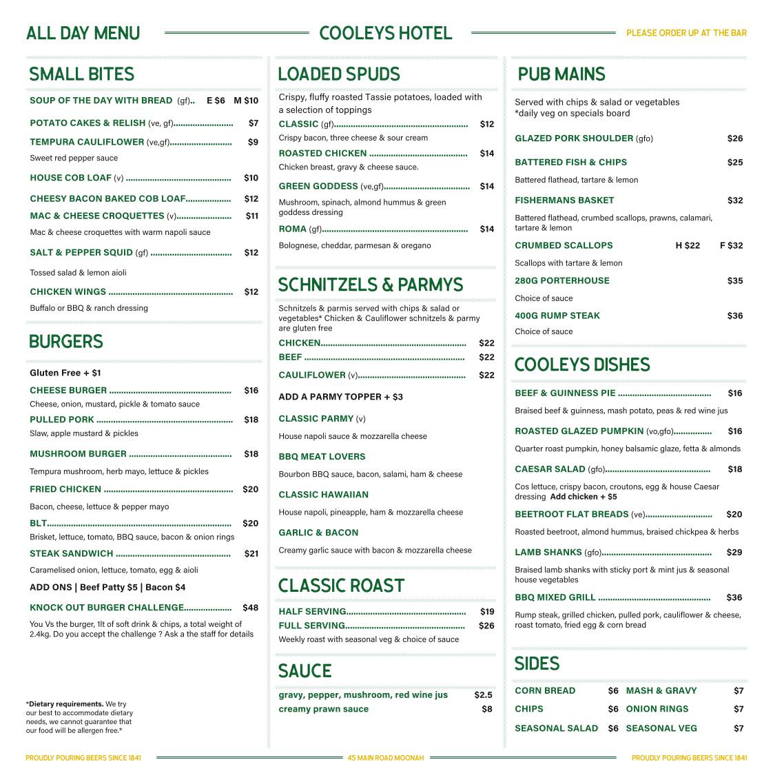 Menu at Cooleys Hotel - Bar & Dining, Moonah