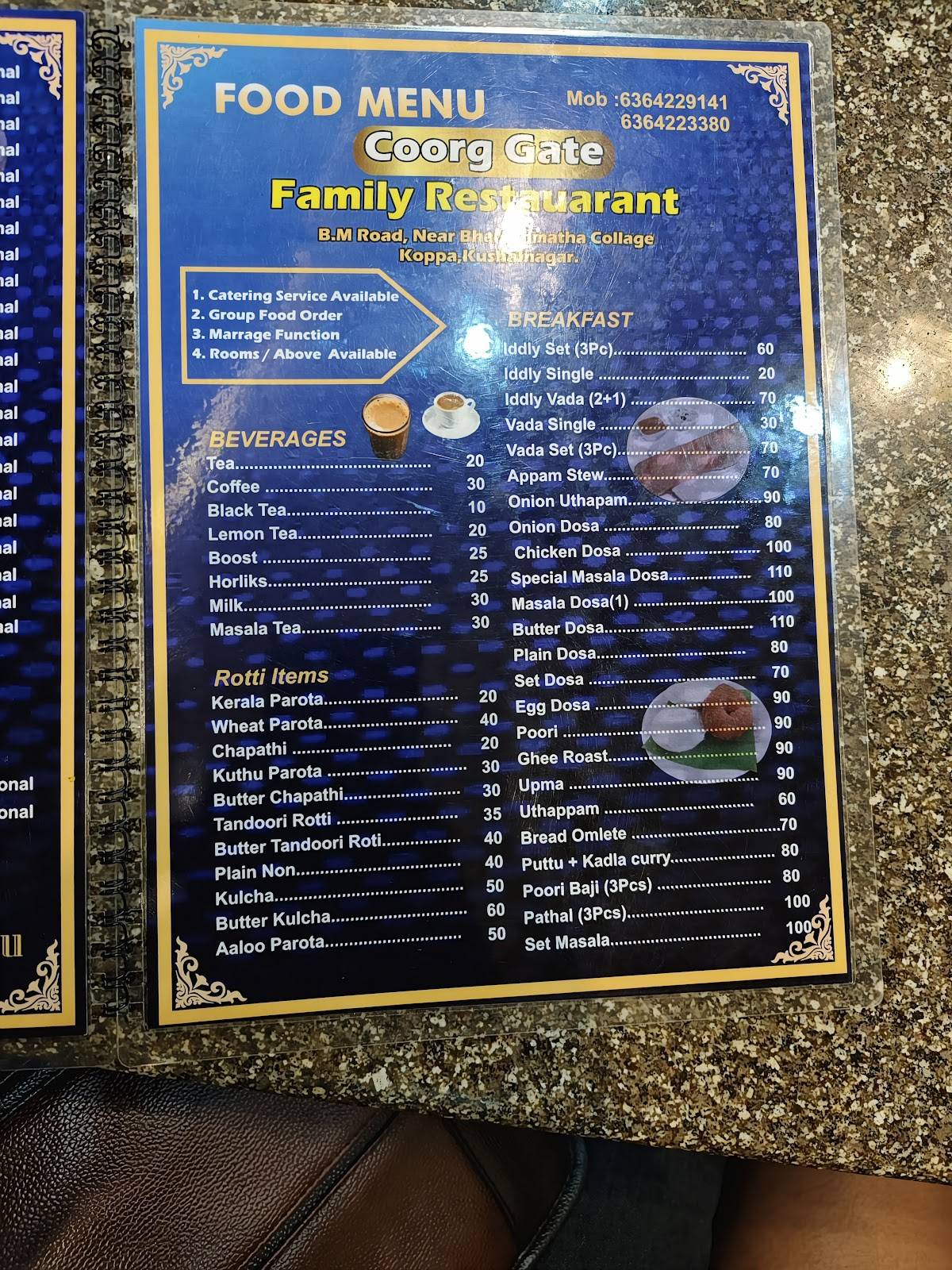 Menu at Coorg Gate family restaurant koppa, Kushalnagar, Benagal