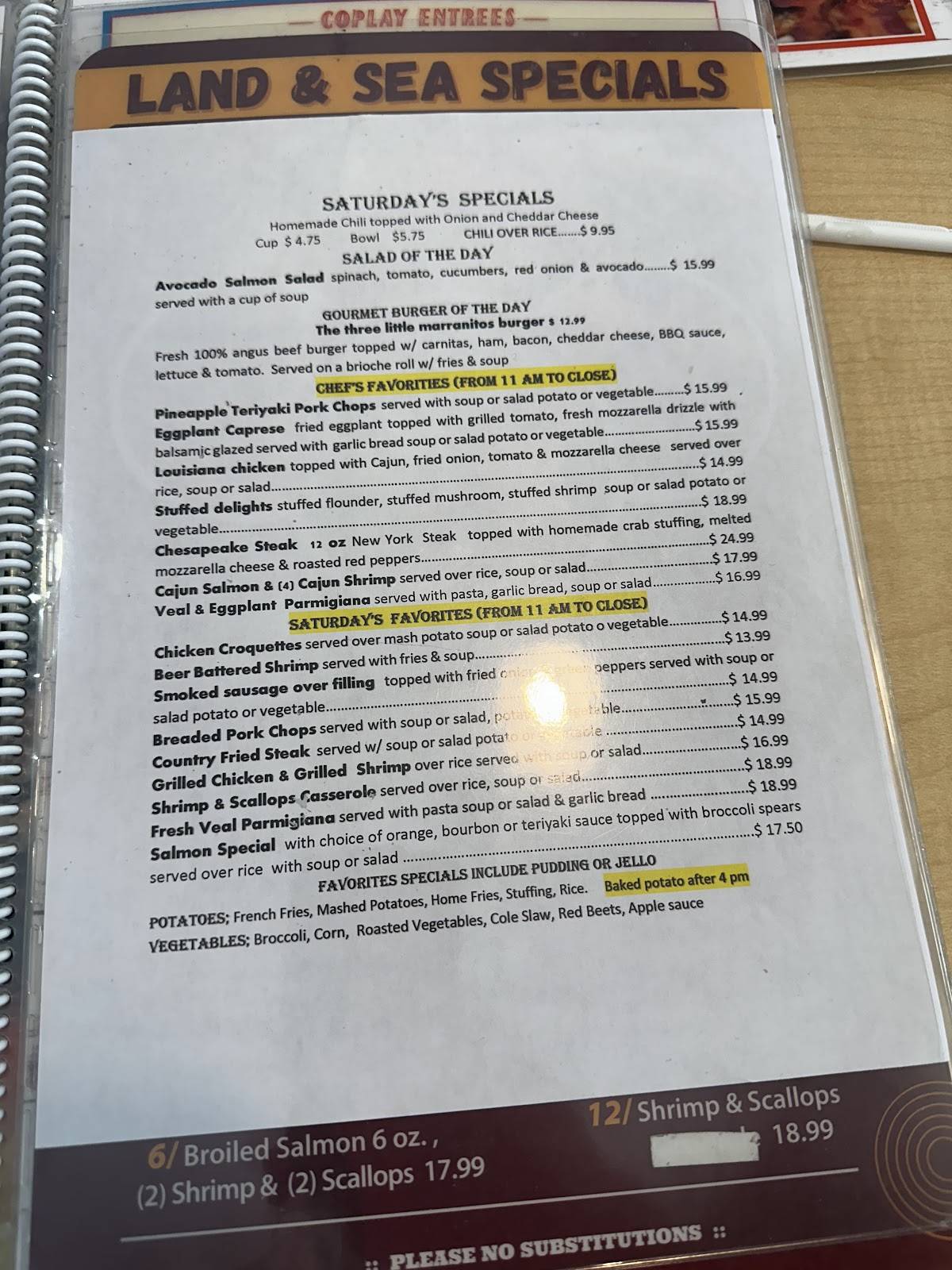 Menu at Coplay Eatery restaurant, Coplay