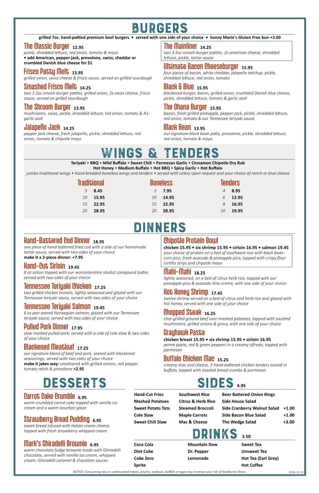 Menu at Copper Blue restaurant, Milford