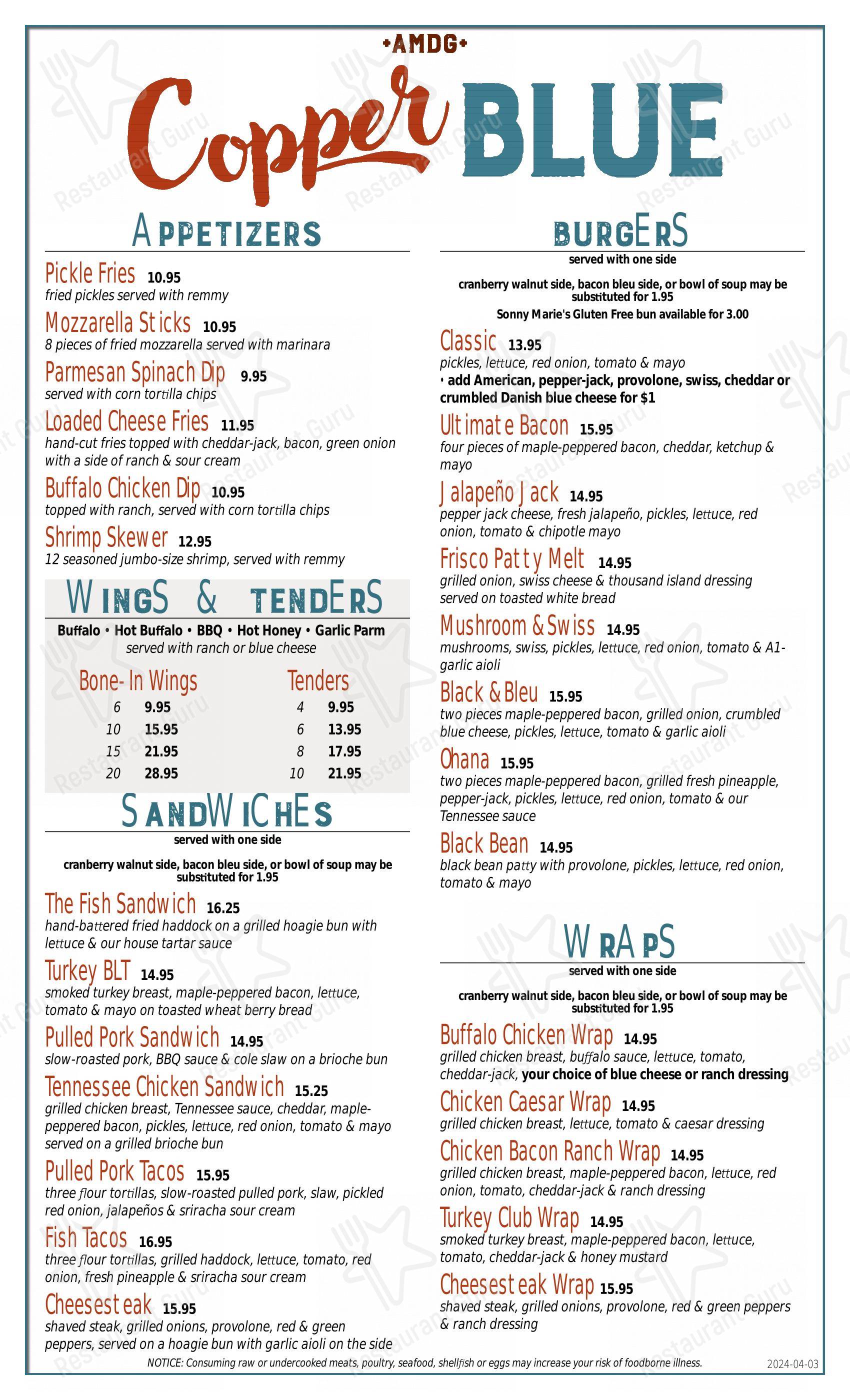 Menu at Copper Blue restaurant, Milford
