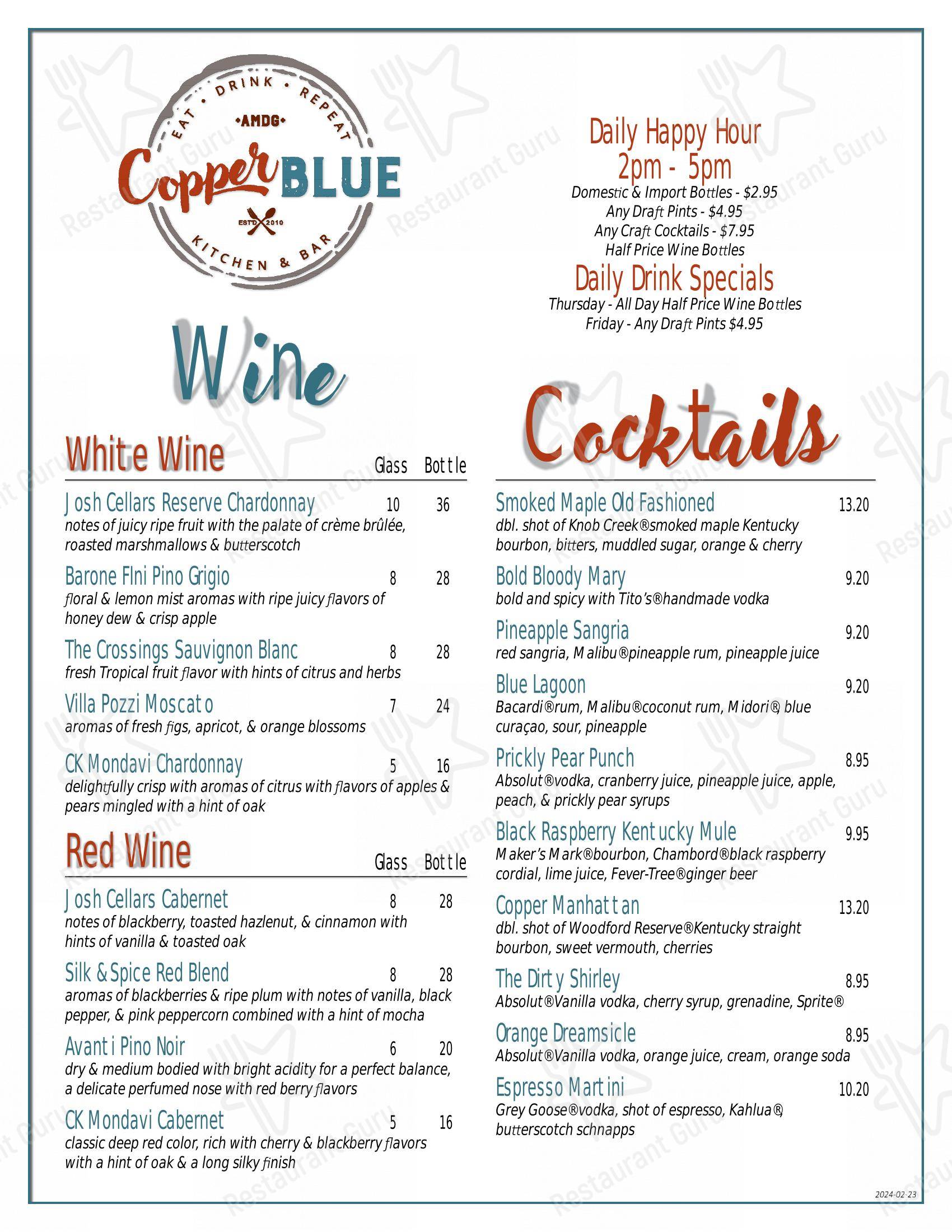 Menu at Copper Blue restaurant, Milford