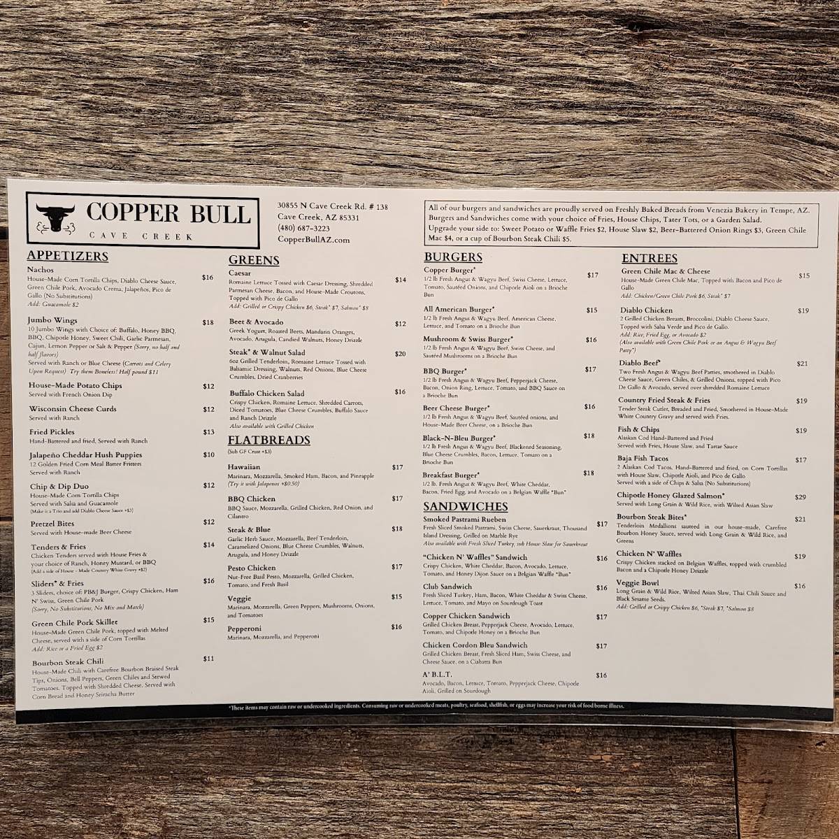 Menu at Copper Bull pub & bar, Cave Creek