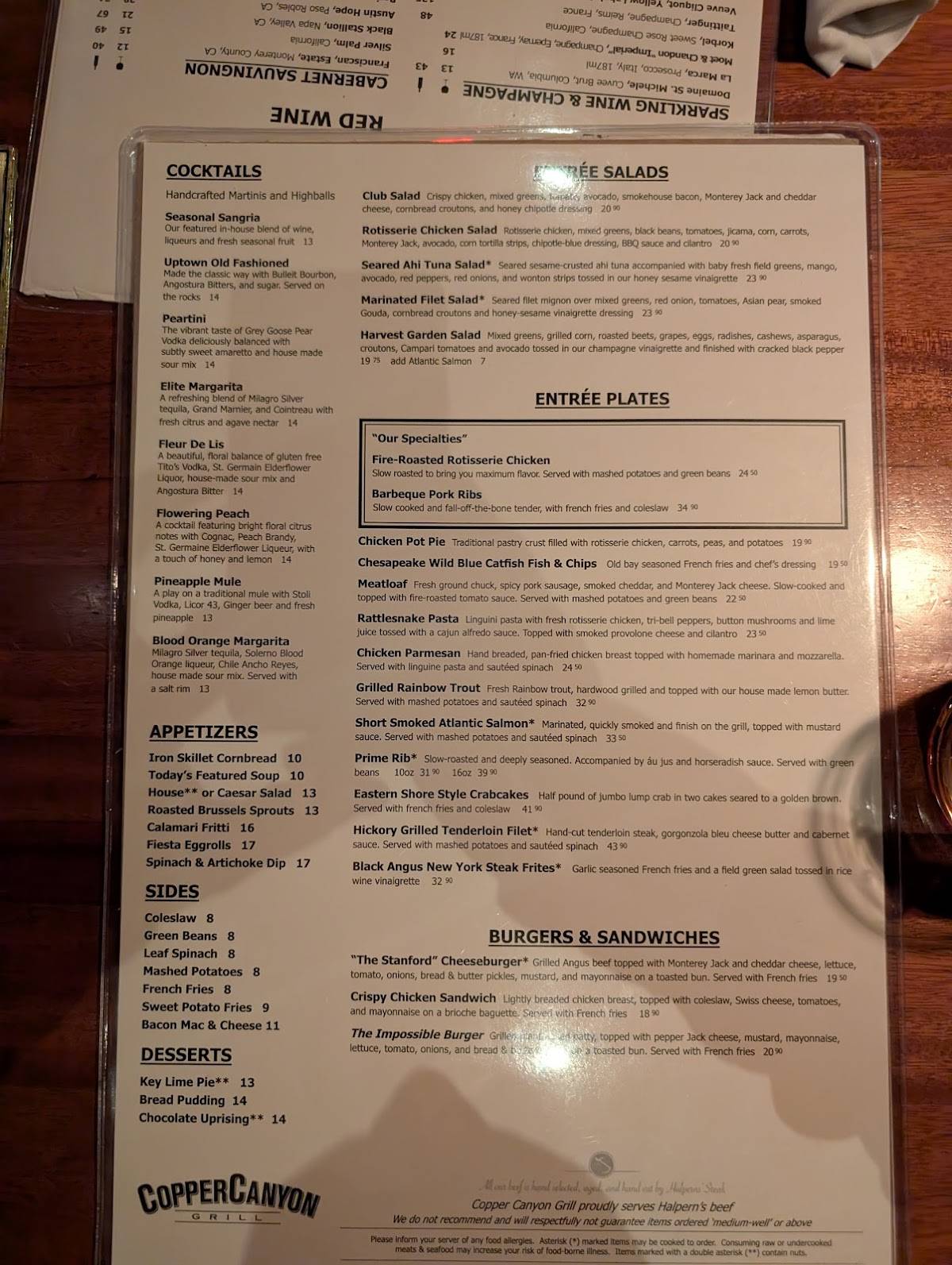 Menu at Copper Canyon Grill pub & bar, Silver Spring