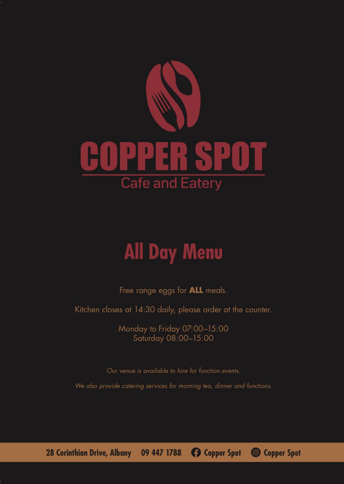 Menu at Copper Spot Cafe & Eatery, Auckland