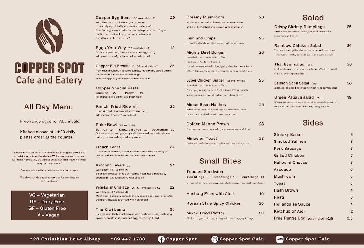 Menu at Copper Spot Cafe & Eatery, Auckland
