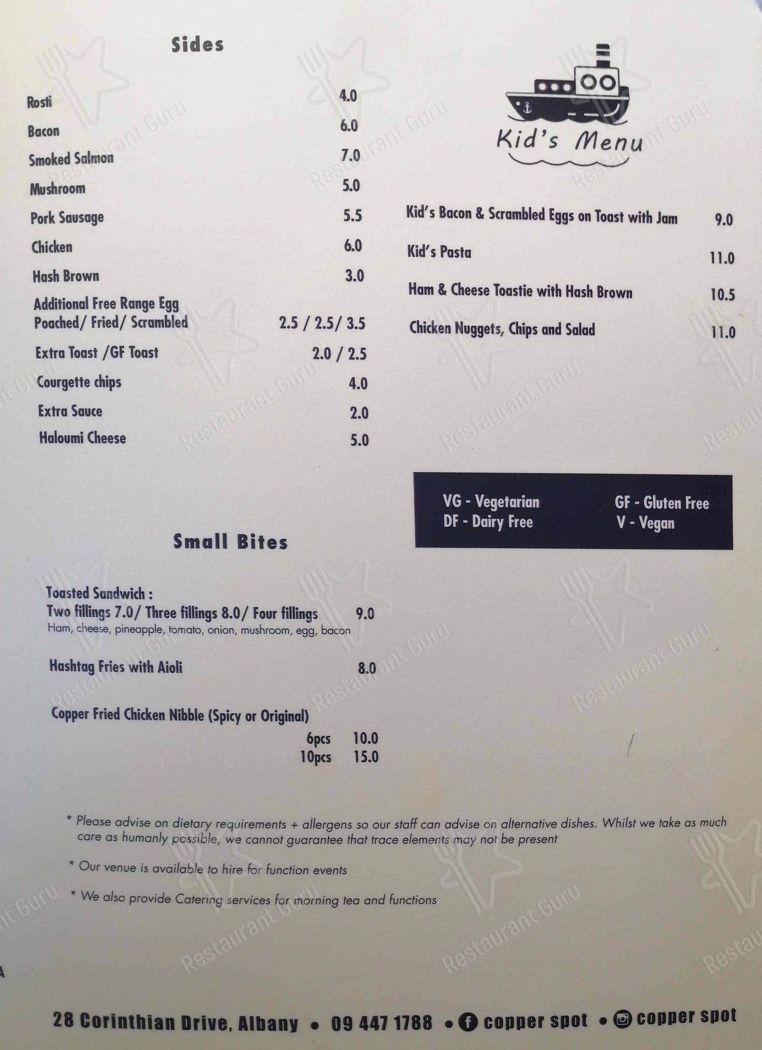 Menu at Copper Spot Cafe & Eatery, Auckland