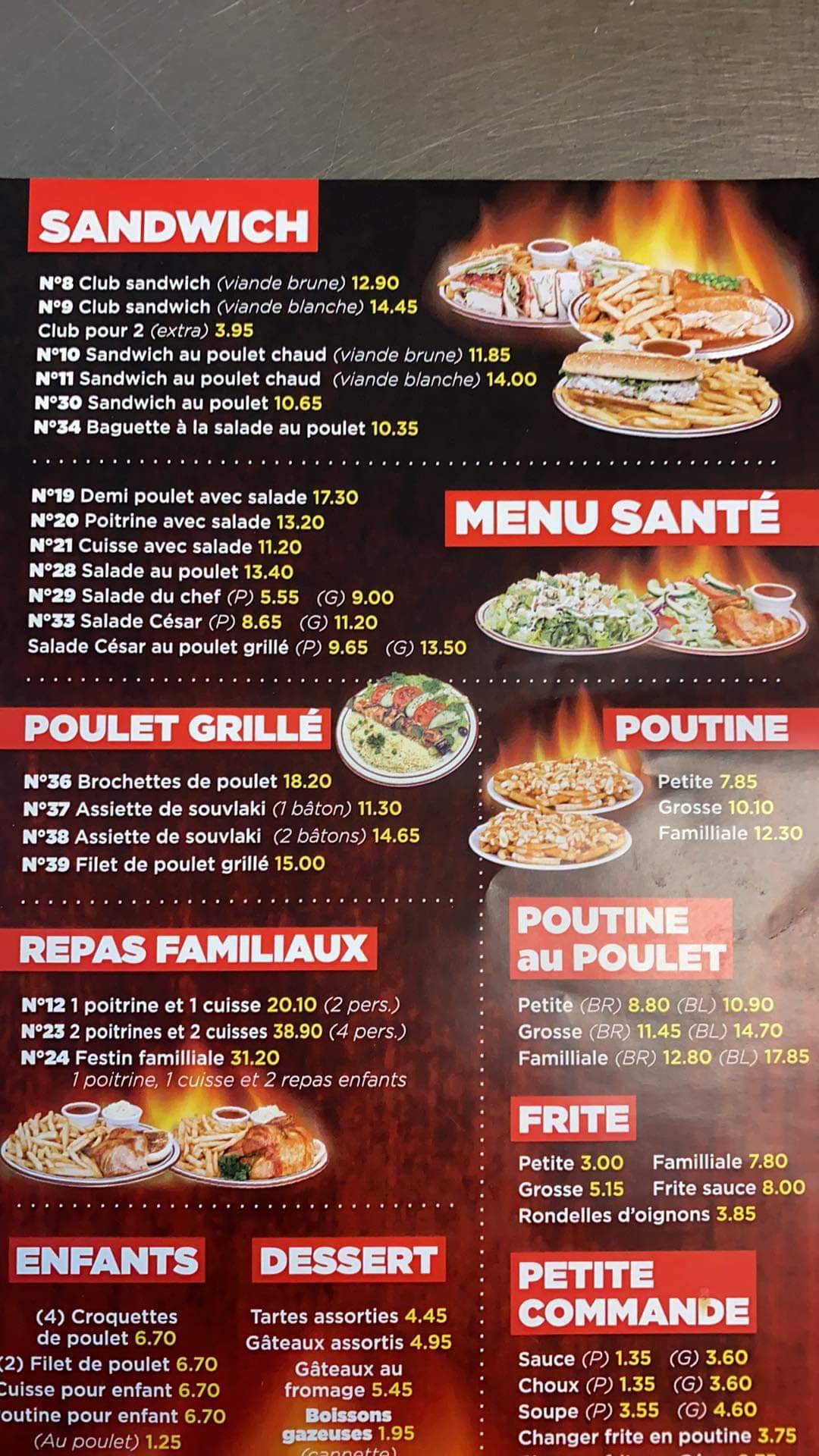 Menu au coq au bec restaurant, Saint-Jérôme