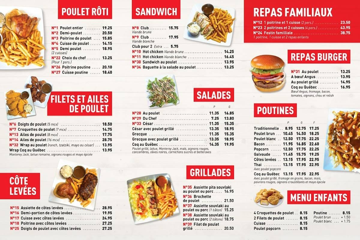 Menu au Coq au Quebec restaurant, Saint-Jérôme