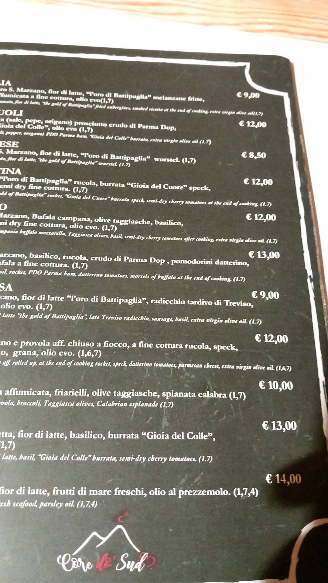 Speisekarte von Core do' Sud restaurant, Stra