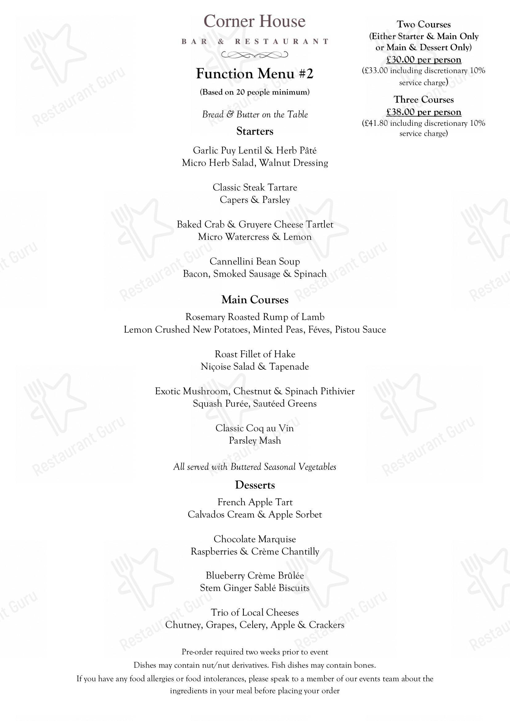 Menu at The Corner House Hotel restaurant, Taunton