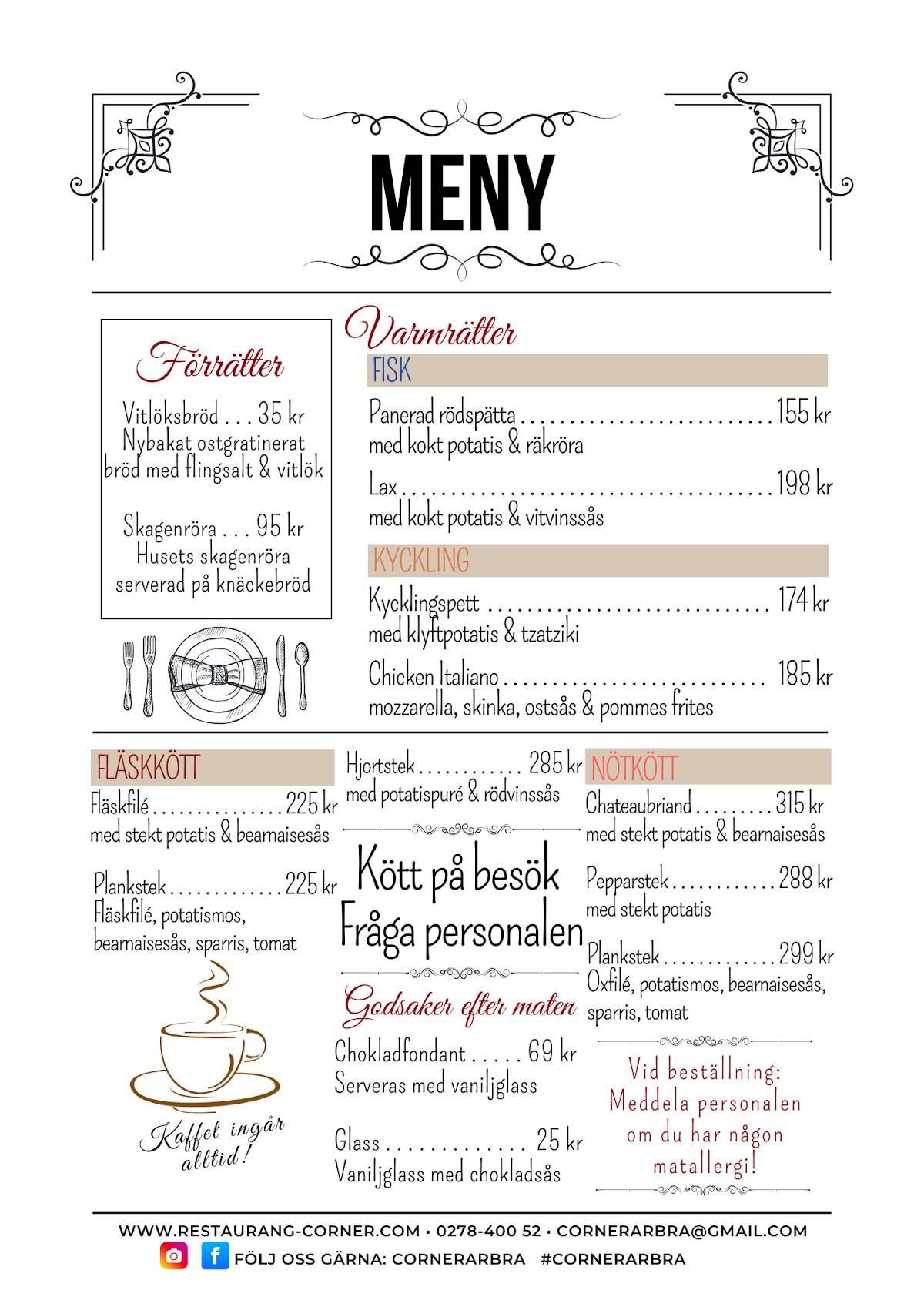 Menu at Corner Restaurang & Pizzeria, Arbrå