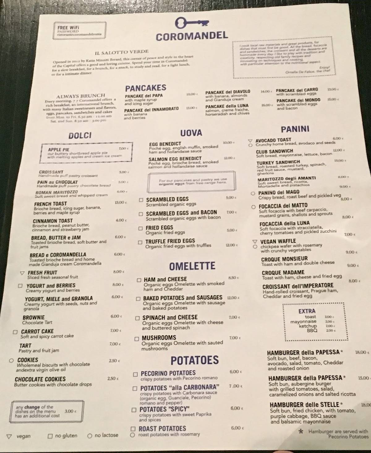 Menu at Coromandel restaurant, Rome