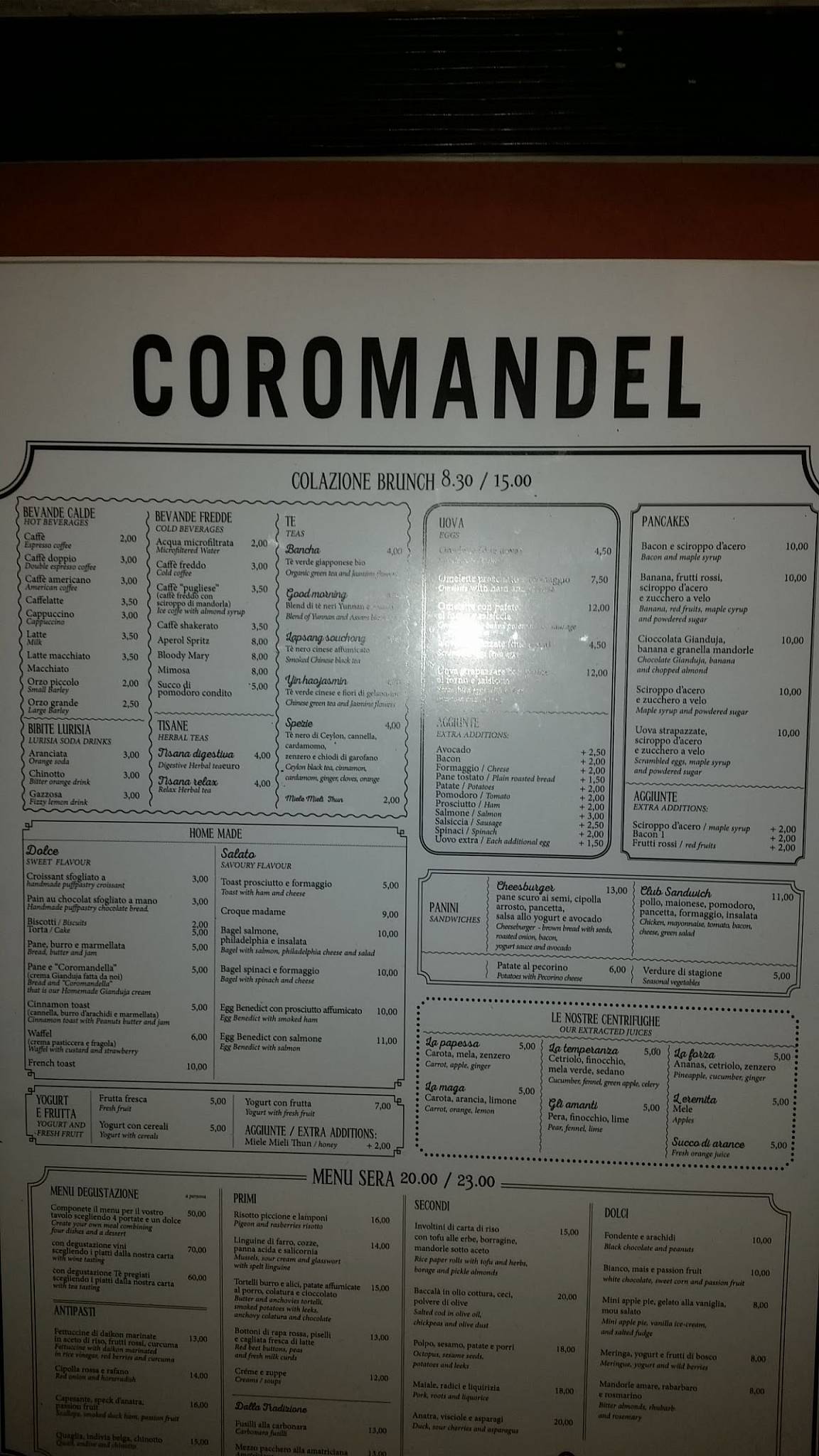 Menu at Coromandel restaurant, Rome