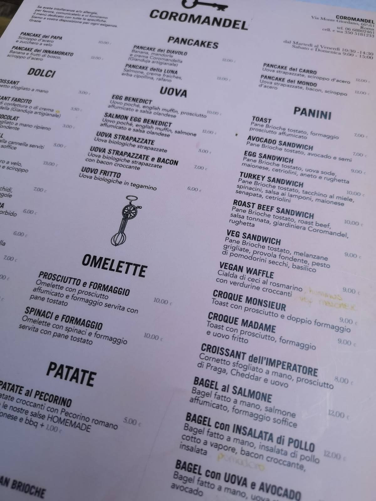 Menu at Coromandel restaurant, Rome