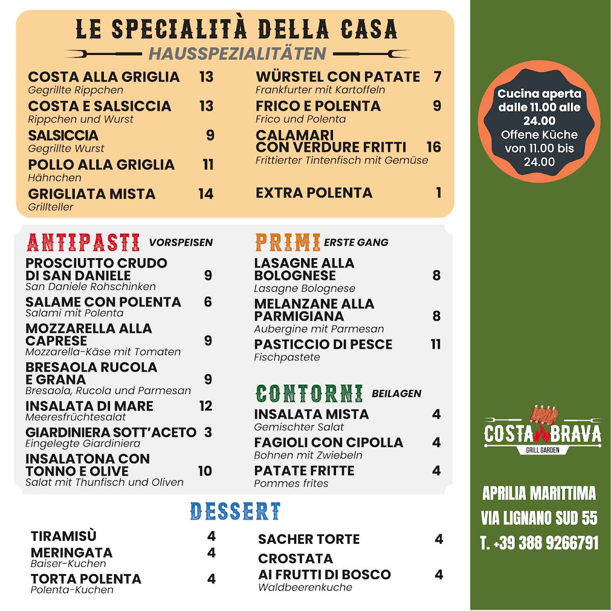 Menu at Costa Brava Grill Garden restaurant, Bevazzana