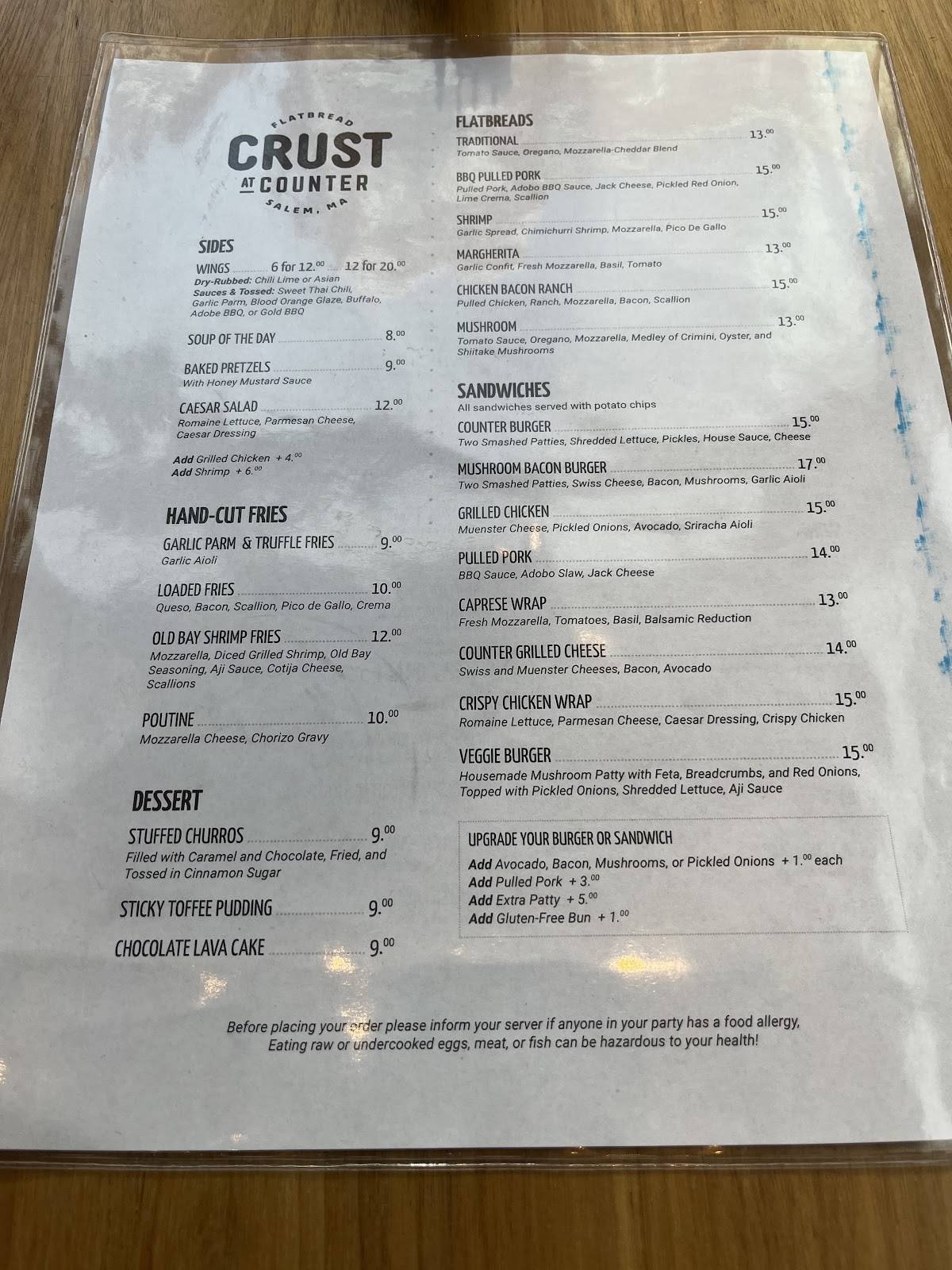 Menu at Counter restaurant, Salem