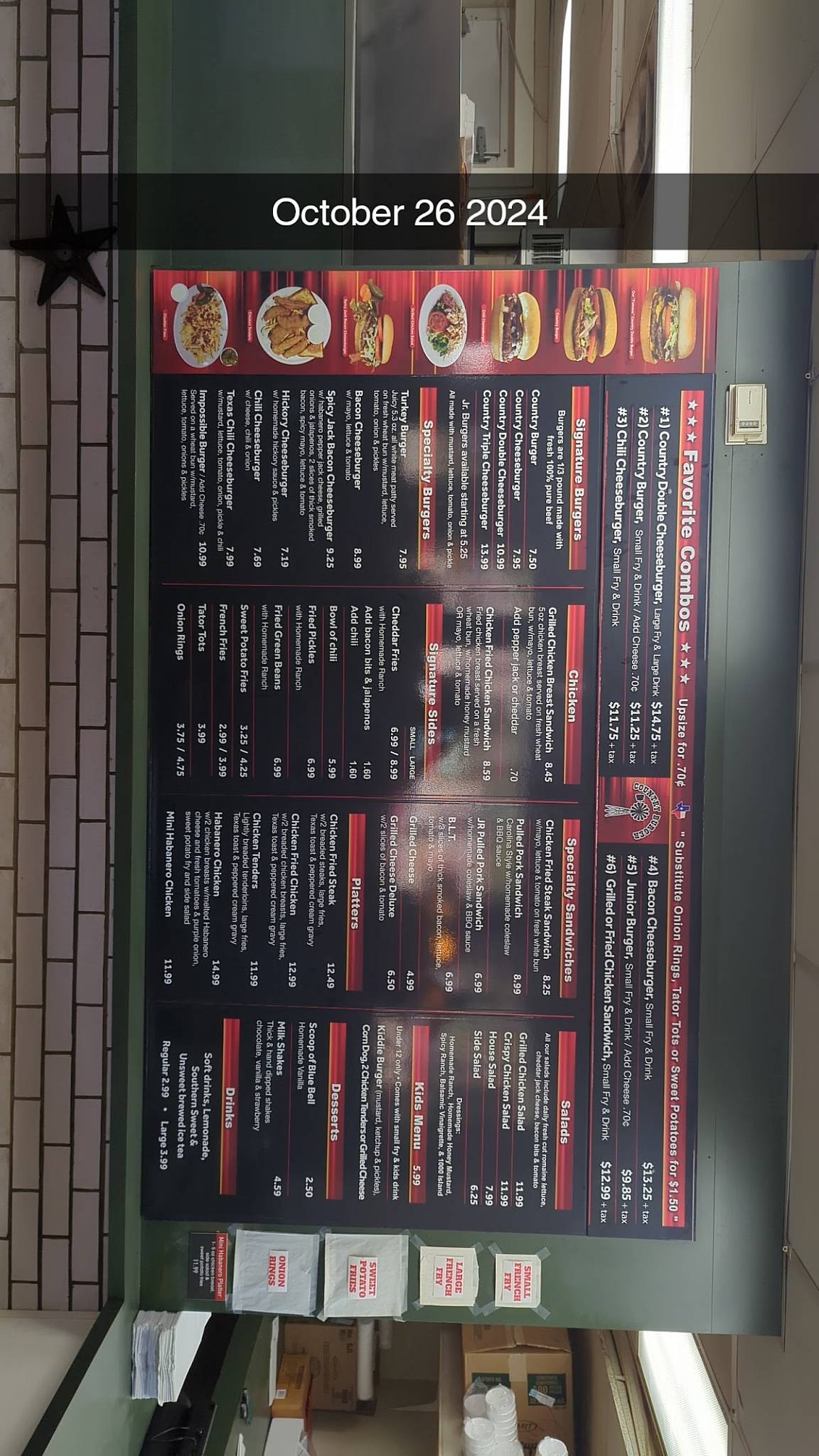 Menu at Country Burger restaurant, Plano, 14th St