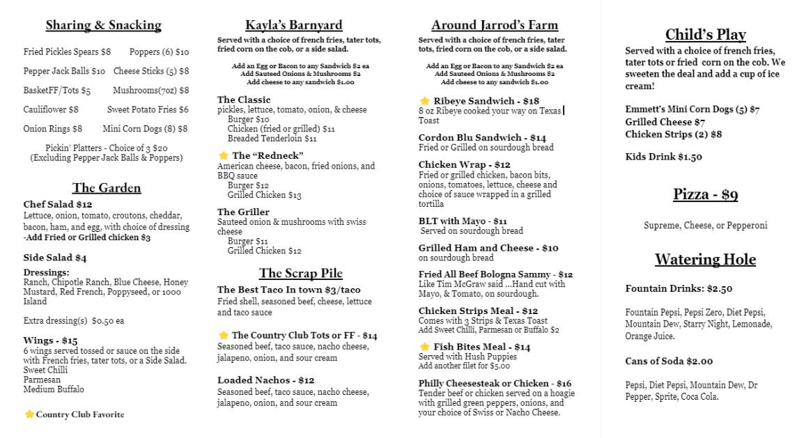 Menu at Country Club Bar and Grill, Fayette