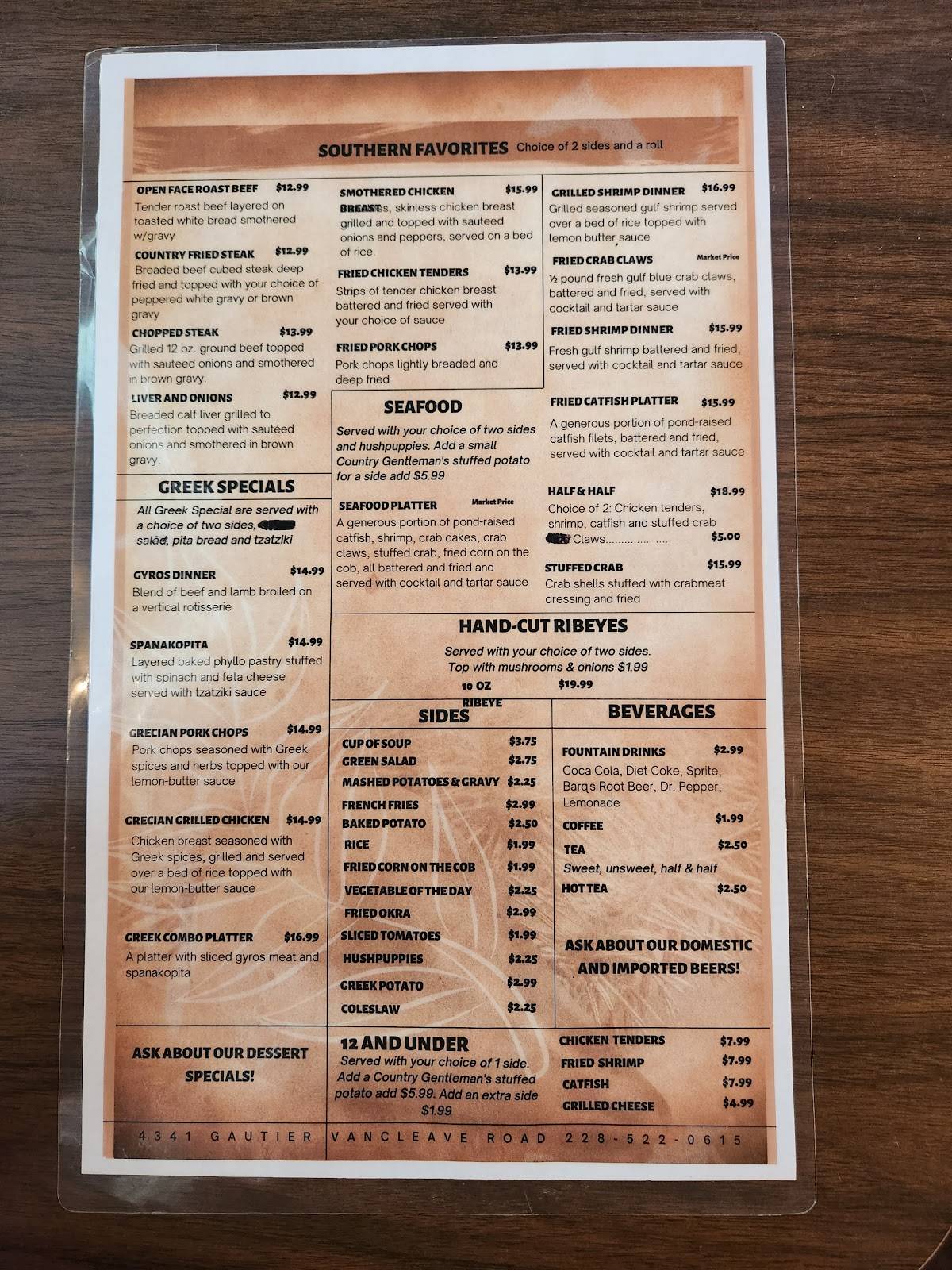 Menu at Country Gentleman restaurant, Gautier