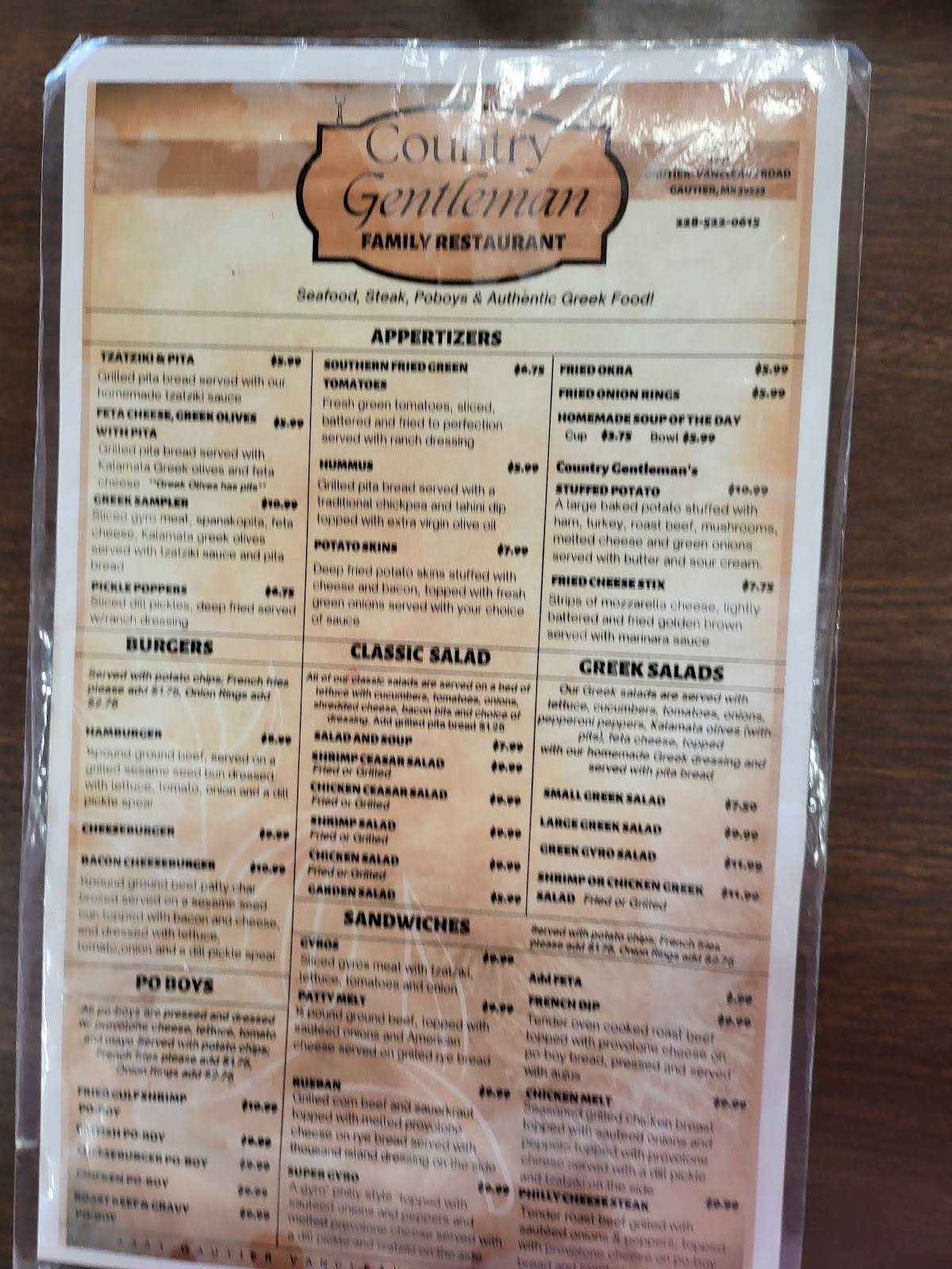 Menu at Country Gentleman restaurant, Gautier