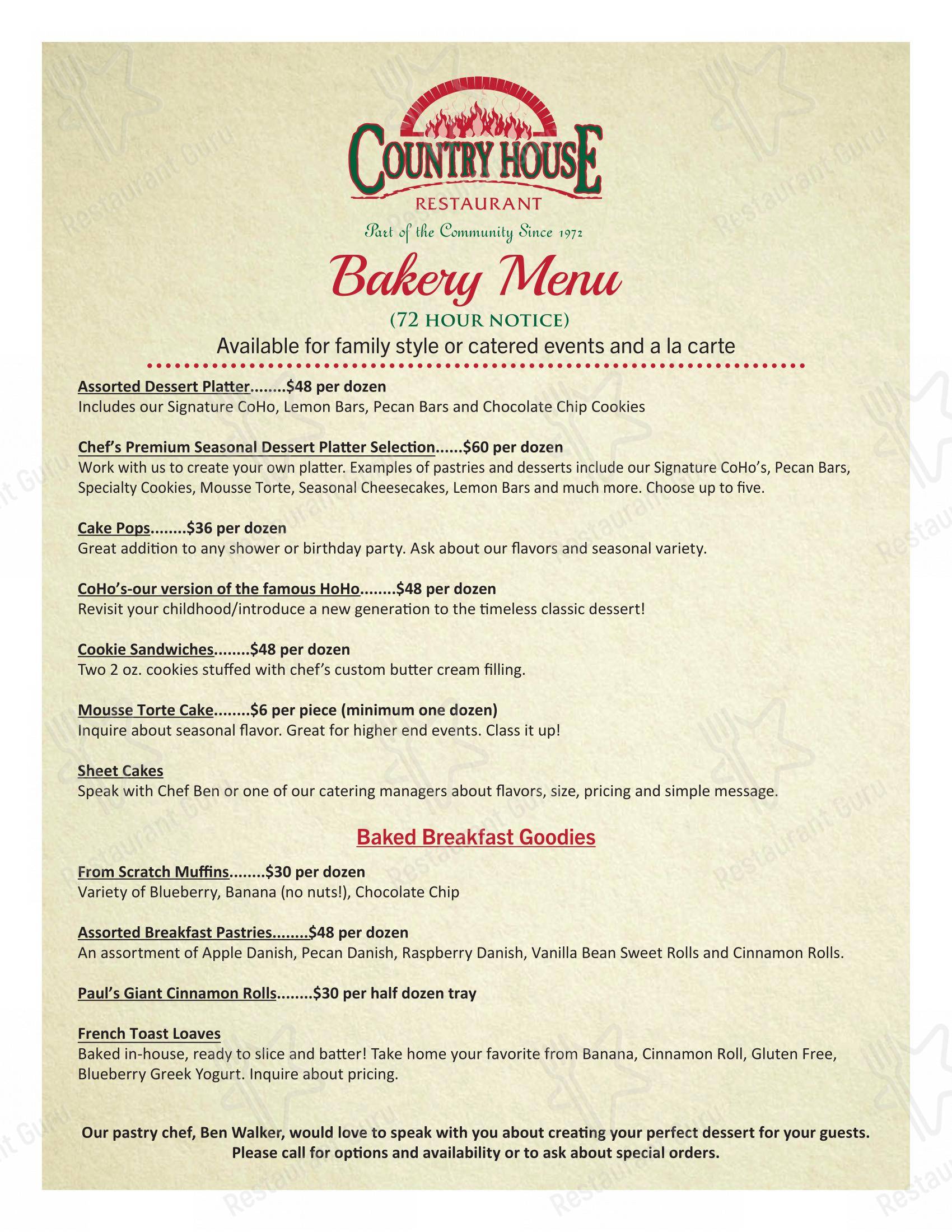 Menu at Country House Restaurant, Alsip, W 127th St