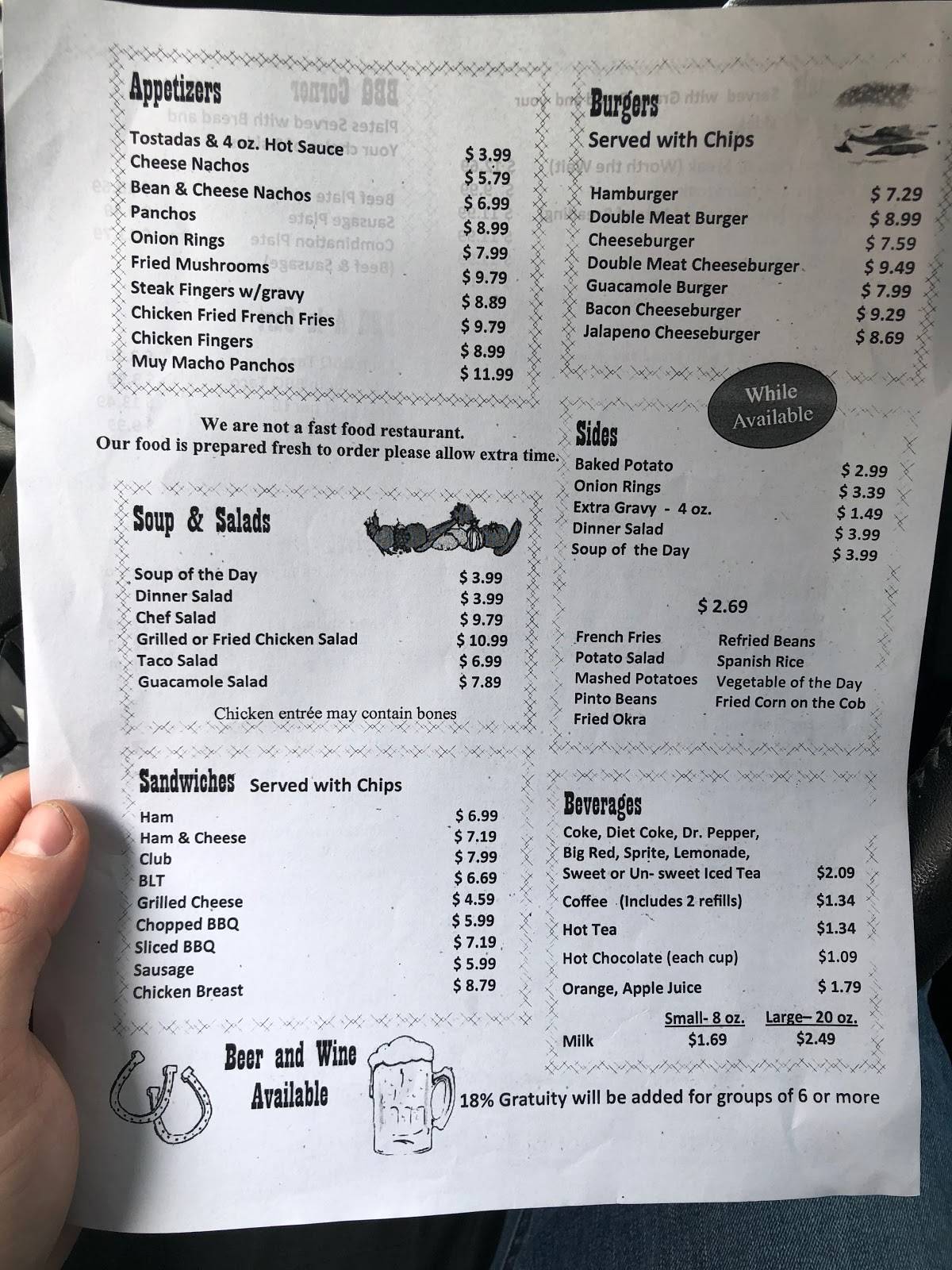 Menu at Country Store restaurant, Cotulla, 78 I-35