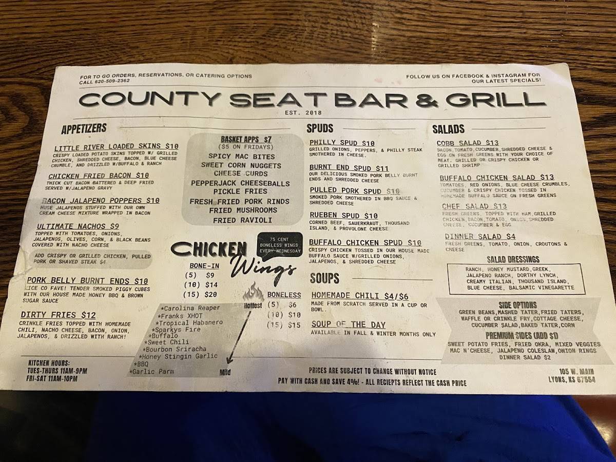 Menu at County Seat Bar and Grill, Lyons