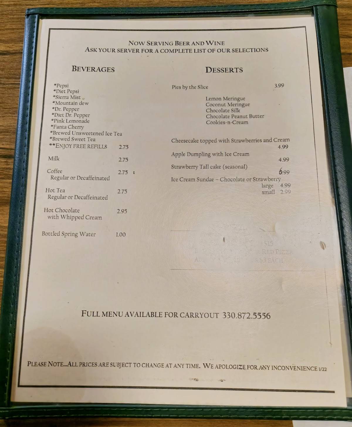 Menu at Covered Bridge Inn restaurant, Newton Falls