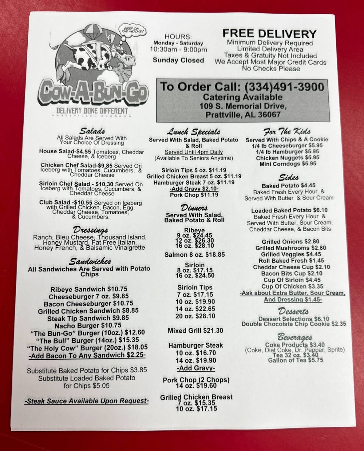 Menu at Cow-A-Bun-Go steakhouse, Prattville