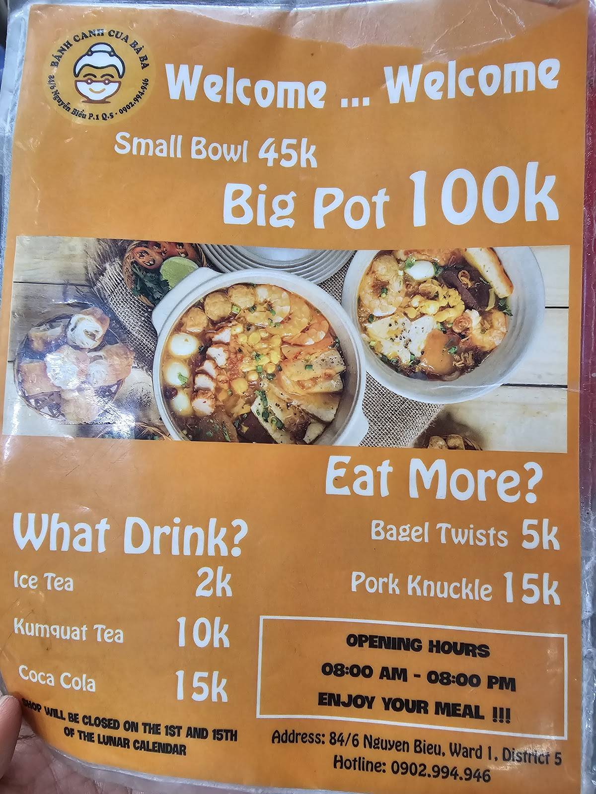 Menu at Crab noodle Ba ba restaurant, Ho Chi Minh City