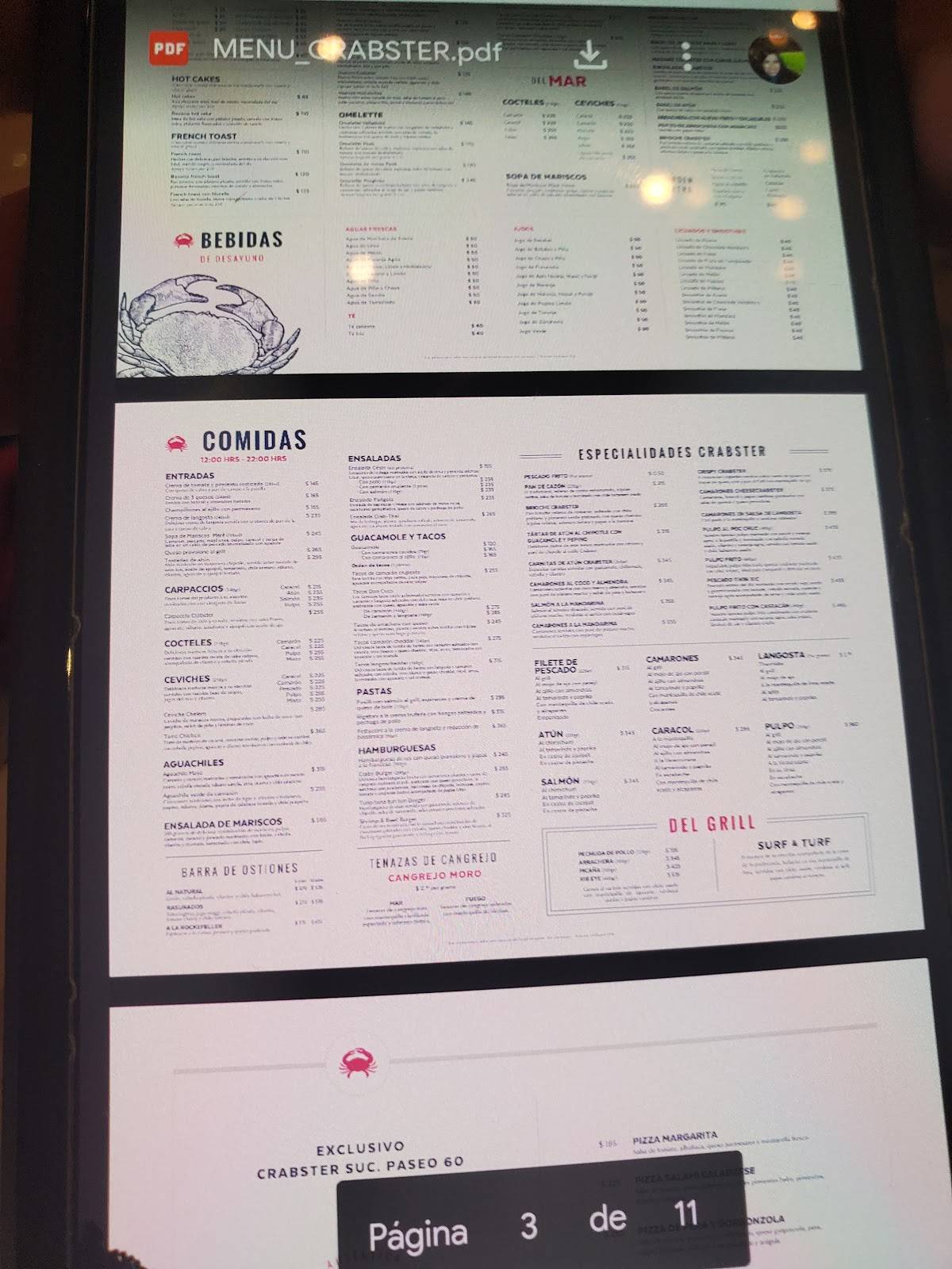 Carta del restaurante Crabster, Merida