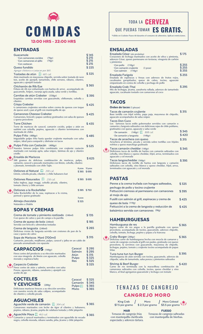 Carta del restaurante Crabster, Merida