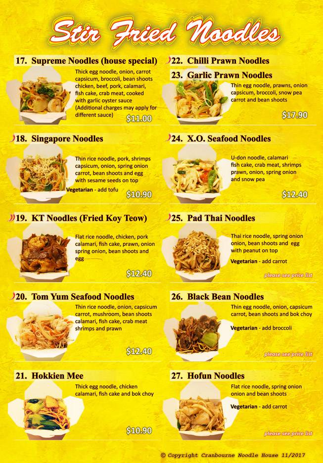 Menu at Cranbourne Noodle House restaurant, Cranbourne