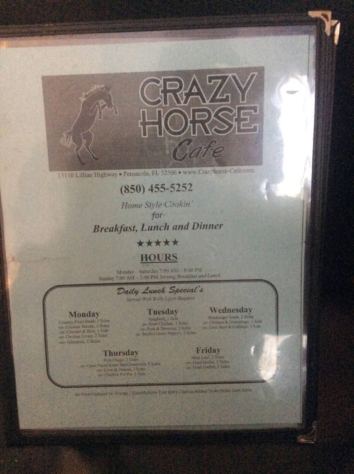 Menu at Crazy Horse Cafe, Pensacola Beach, Lillian Hwy