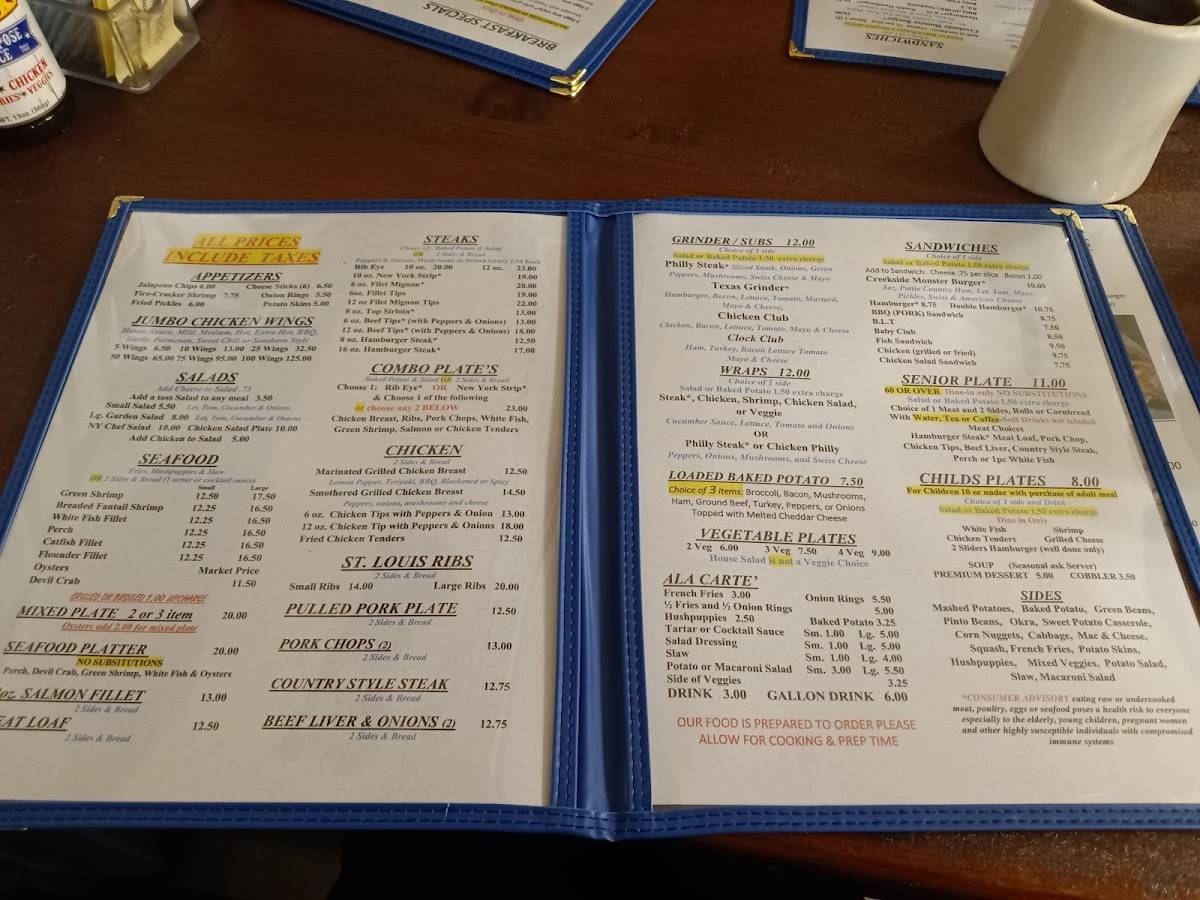 Menu at Creekside Clock Seafood and Steakhouse, Shelby