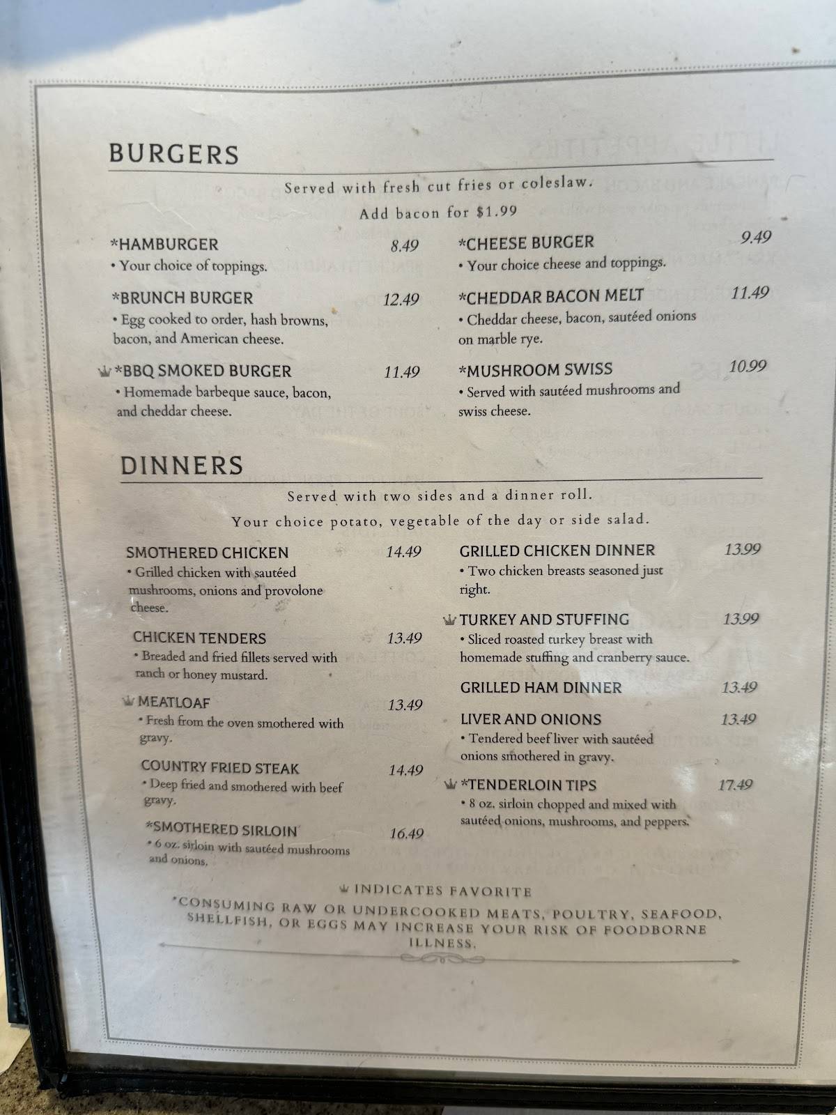 Menu at Creekside Grill restaurant, USA, Indian Head Rd